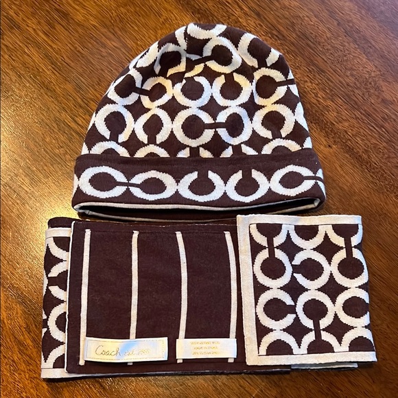 Coach | Accessories | Coach Brown And White Hat And Scarf Set | Poshmark